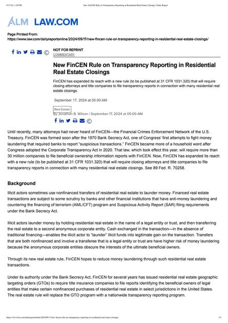 Jonathan Wilson Published in the Daily Report: "New FinCEN Rule on ...